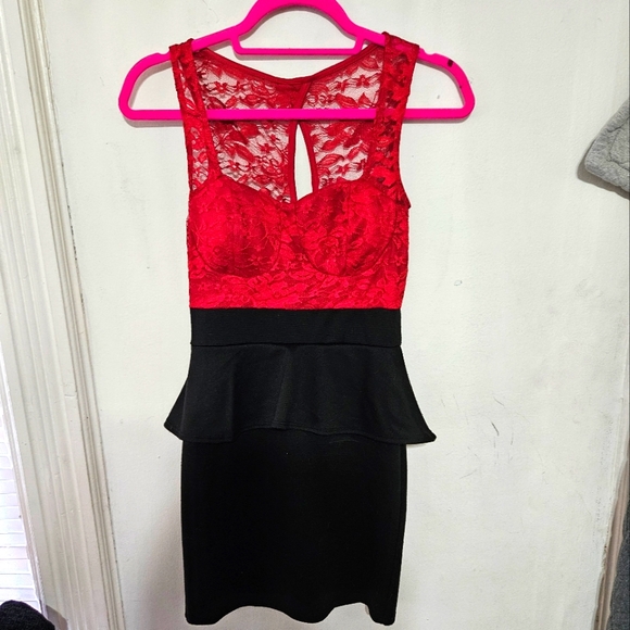 Deb | Dresses | Deb Red And Black Pepulum Dress | Poshmark